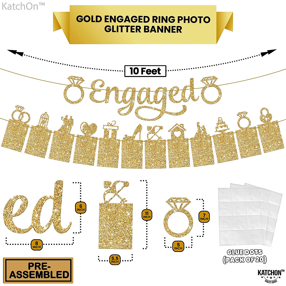 KatchOn, Gold Glitter Engaged Photo Banner - 2 String, 10 Feet, No DIY | Gold Engagement Party Decorations | Engagement Photo Banner for Bachelorette Party Decorations | She Said Yes Decorations