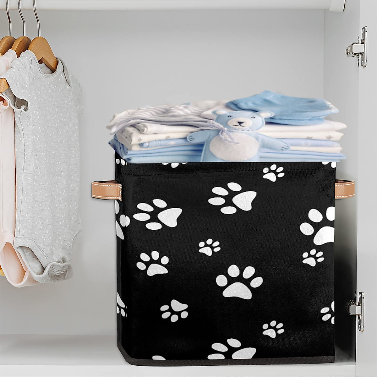 Dog Paw Print Storage Basket for Closet, Animal Puppy Footprint Storage Bins with Handles, Foldable Storage Cube Boxes for Toys Shelves Pantry Nursery Organizing