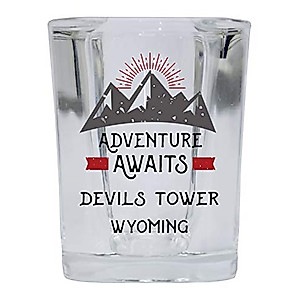R and R Imports Devils Tower Wyoming Souvenir 2 Ounce Square Base Liquor Shot Glass Adventure Awaits Design