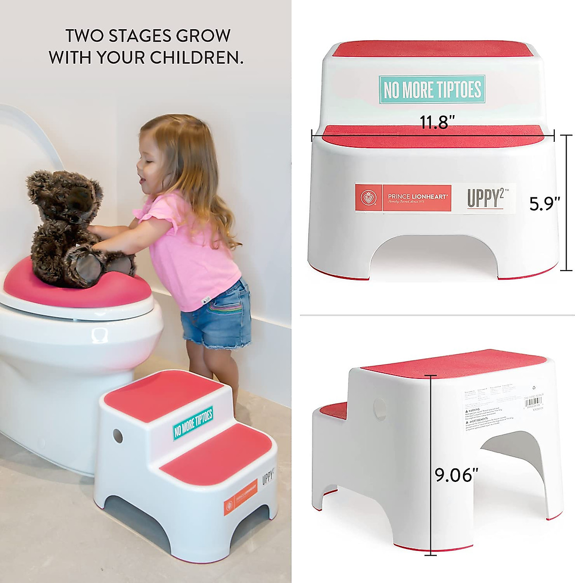 Prince Lionheart Dual Height UPPY2 Two Step Stool for Potty Training Kids and Toddlers to Wash Hands - Portable Non Slip Children and Toddler Stepping Stool for Toilet Bathroom or Kitchen (Pink)