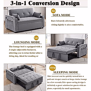 Convertible Futon Couch with USB Ports,Velvet Pull Out Sleeper Sofa Bed with Cup Holders and Pockets,3 in 1 Modern Loveseat with Adjustable Backrest,Small Love Seat for Living Room,Office,Grey