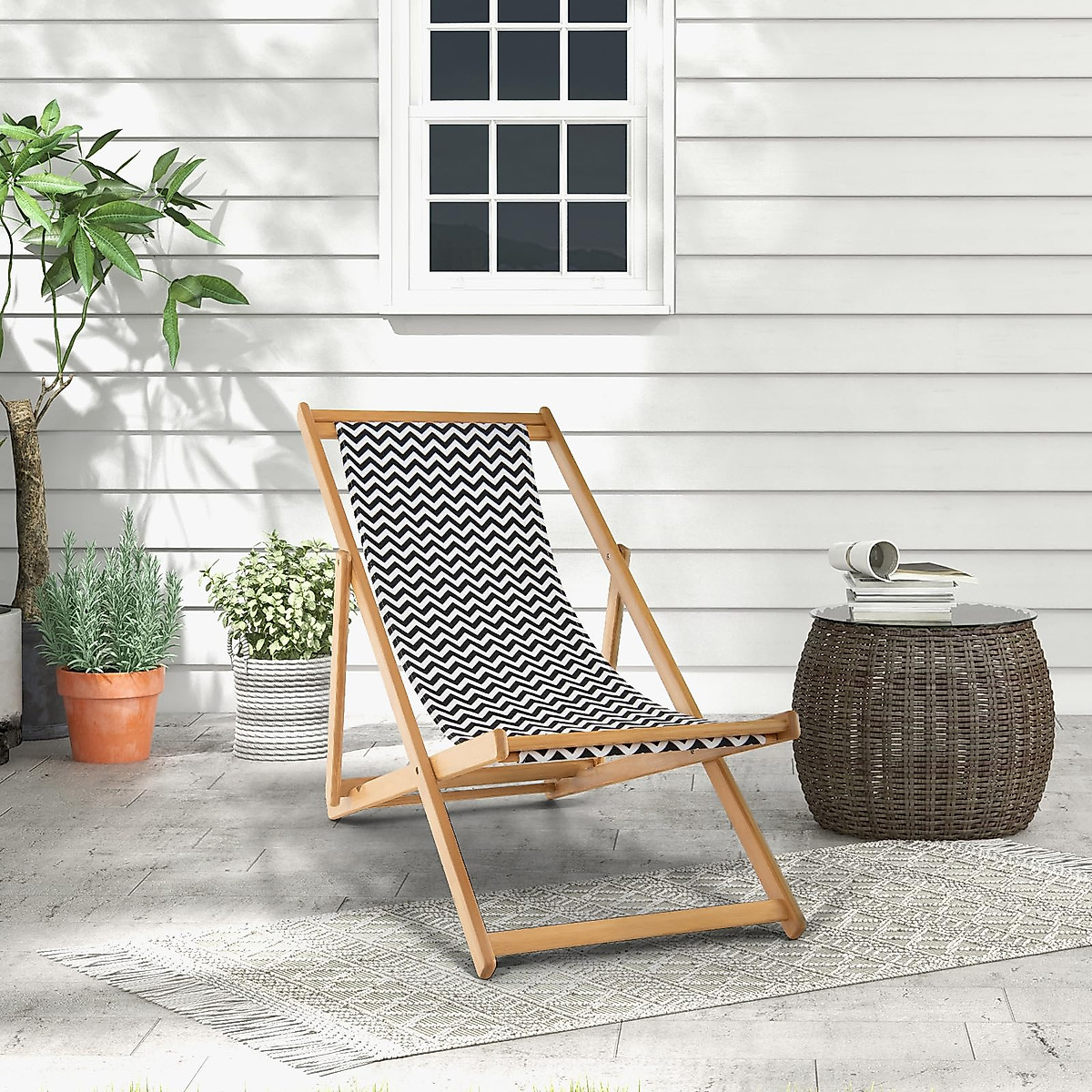 Giantex Patio Folding Camping Chair - Outdoor Sling Chair with 3 Adjustable Position, Breathable Canvas, Bamboo Lounge Chair for Outside, Porch, Deck, Poolside and Backyard, Portable Beach Chair (1)