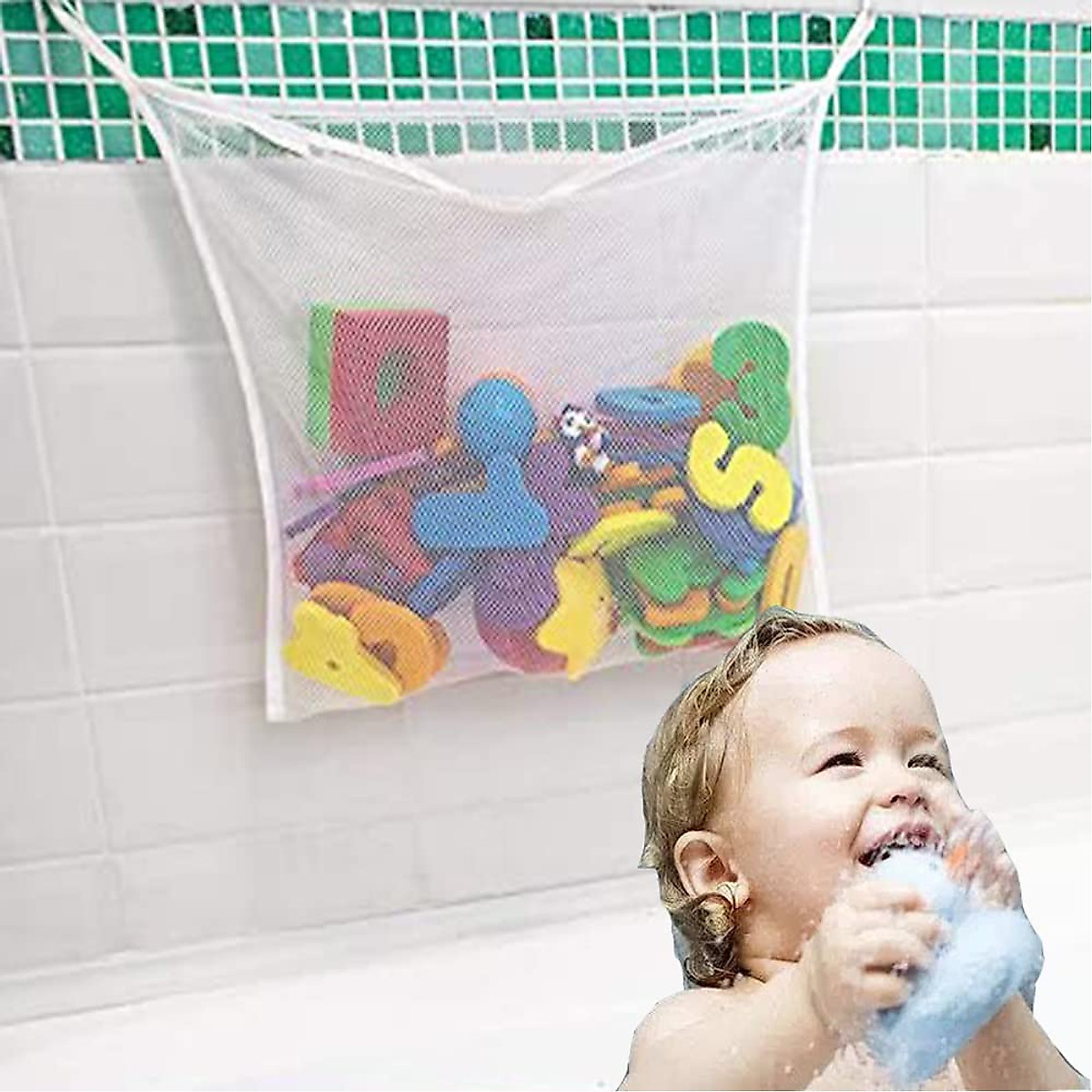 Onsinic 1pc Bath Toy Storage Bag Mesh Basket Baby Bath Tub Toy Storage Net Folding Hanging Organiser for Bathroom, White, 14.17x14.57 inch