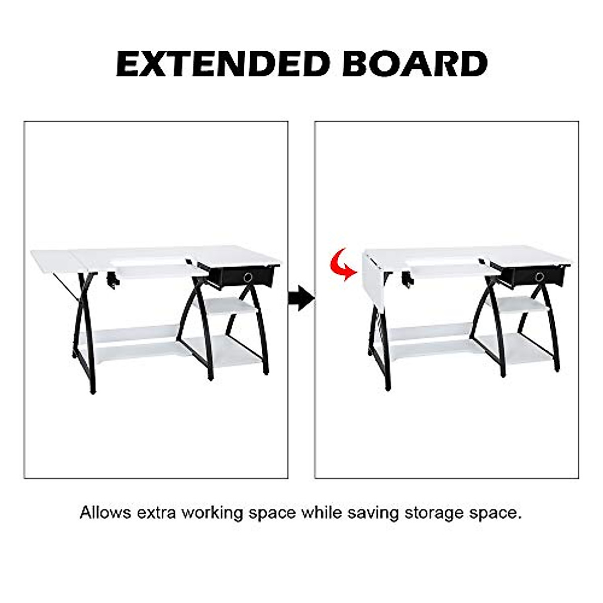 TUFFIOM 57-Inch Sewing Craft Table, Specialized Sewing Machine Shelf, Enlarged Cutting Space, Sturdy Multifunctional Computer Desk with Storage Drawer, Adjustable Height, Ideal for Home Indoor Use