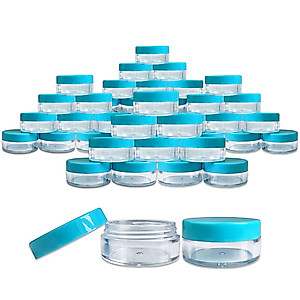 (Quantity: 100 Pieces) Beauticom® 10G/10ML Round Clear Jars with TEAL Sky Blue Lids for Acrylic Powder, Rhinestones, Charms and Other Nail Accessories - BPA Free