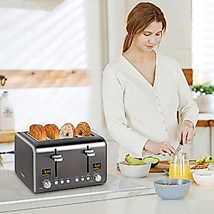 SEEDEEM Toaster 4 Slice, Stainless Steel Bread Toaster with Colorful LCD Display, 7 Bread Shade Settings, 1.4'' Wide Slots Toaster with Bagel/Defrost/Reheat Functions, Removable Crumb Tray, Dark Metallic, 1800W