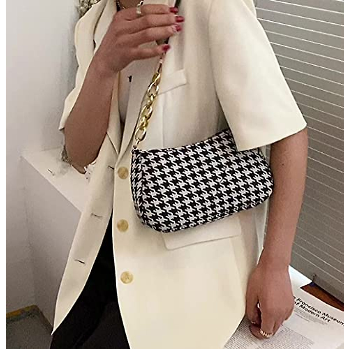 Shoulder Bags Retro Classic Clutch Shoulder Tote Handbag with Zipper Closure for Women (Houndstooth, One Size)