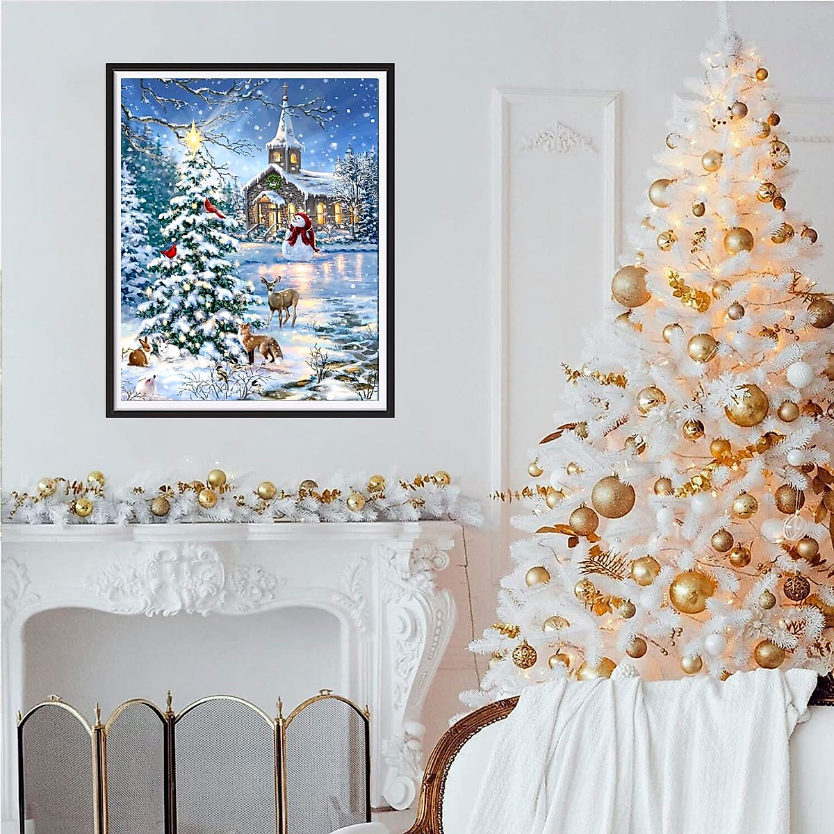 DIYDECORFUN Christmas Tree Diamond Painting Kits for Adults, 5D Diamonds Art Cabin, Winter Paint with Diamonds Round Full Drill Gems Art, Snowman Diamond Dots Art Kits for Beginners (12x16Inch)