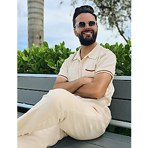 COOFANDY Beach Button Up Shirts for Men Knitted Collar Short Sleeve Polo Shirt Summer Vacation Cream