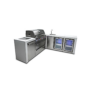 Mont Alpi MAi805-D90BEVFC 44-inch 6-Burner 115000 BTU 90 Degree Corner Deluxe Stainless Steel Gas Outdoor Kitchen Barbecue Island Grill + Lockable Compact Refrigerator + Faucet & Sink + Rotisserie Kit