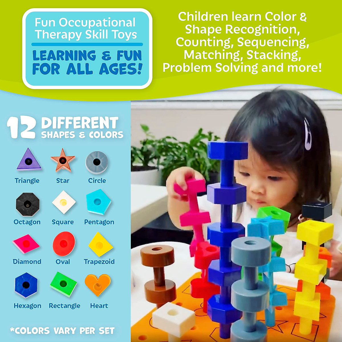 Skoolzy Stacking Toddler Peg Board 38 Piece Set and Rainbow Sorting Bears with Matching Cups 69 Piece Set Montessori Occupational Therapy Toddler Toys Kit with Storage Bags and eBook