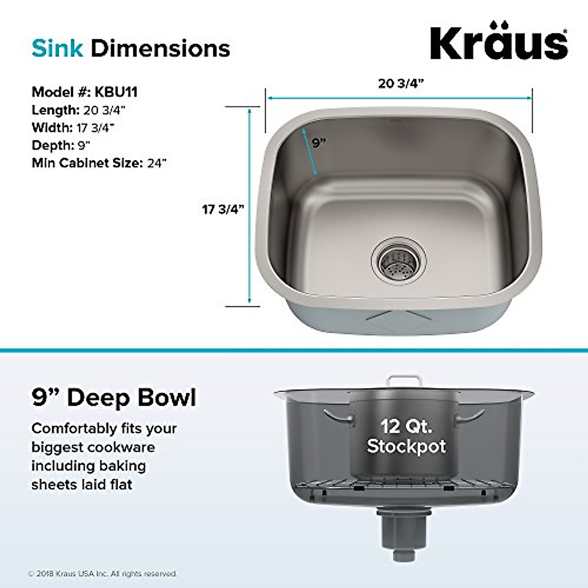 Kraus KBU11 20 inch Undermount Single Bowl 16 gauge Stainless Steel Kitchen Sink