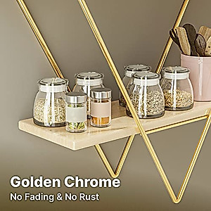 BENOLDY, 3 Tier Prism Gold Metal Frame Wall Mounted Floating Shelf with Pine Wood Rack - Decorative Storage Wall Shelves for Bathroom, Kitchen, Living Room, and Bedroom Organization