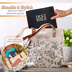 Christian Art Gifts Canvas Floral Tote Bag for Women: Amazing Grace Inspirational Scripture for Shopping, Supplies, Books, Accessories, Vegan Leather, Pocket, Zippered Closure, Creamy Tan & Brown