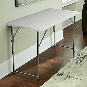 SKOK Folding Table 4 Foot Adjustable Height, Plastic Foldable Table Portable with Carry Handle, Utility Commercial Craft Card Table with Heavy Duty Frame for Picnic, Dining and Events, White