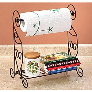 COUNTER TOP SCROLL METAL DESIGN PAPER TOWEL HOLDER WITH SHELF - BLACK