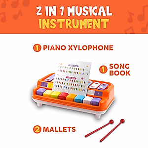 Toysery 2 in 1 Baby Piano Xylophone for Toddlers. Piano Toy Musical Instrument with 8 Multicolored Key Scales in Crisp and Clear Tones. Mallet Included. Ages 3 Years and Above.