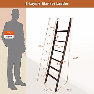 DEDU 6-Tier Blanket Ladder Wooden, 5.5FT (66.5") Blanket Towel Holder Rack Decorative Ladder, Rustic Farmhouse Ladder Shelf Easy Assembly for Living Room Bathroom Bedroom Home Decor (Brown)