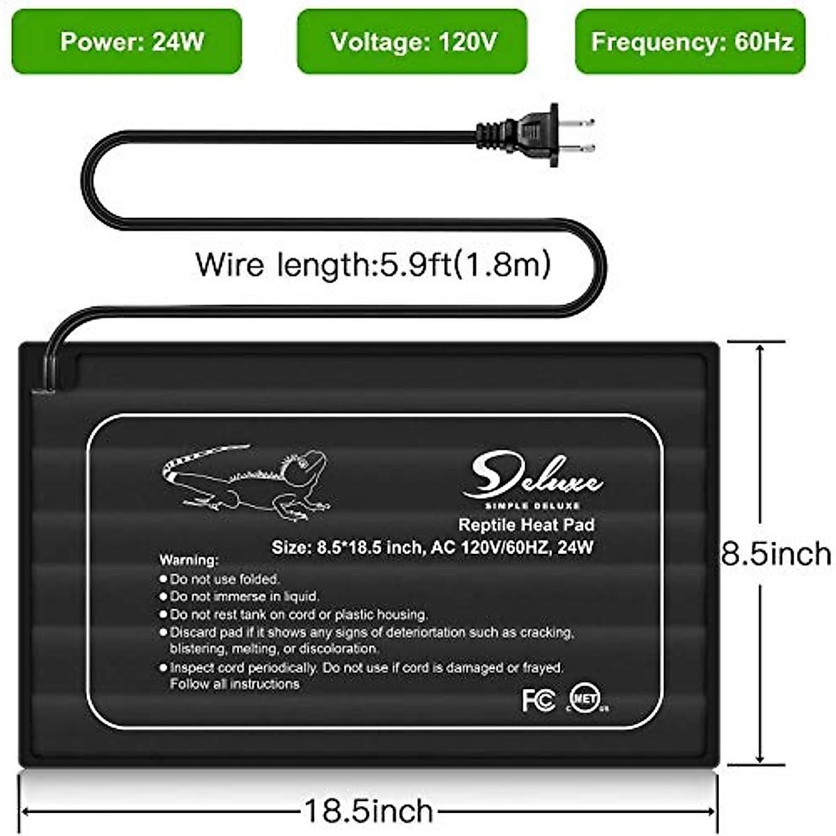 Simple Deluxe 8.5 X 18.5 Inch 24W Reptile Heating Pad with 2-Probe Digital Thermometer and Hygrometer Under Tank Heater Terrarium Warmer Heat Mat for Amphibians and Reptiles Pet, Black