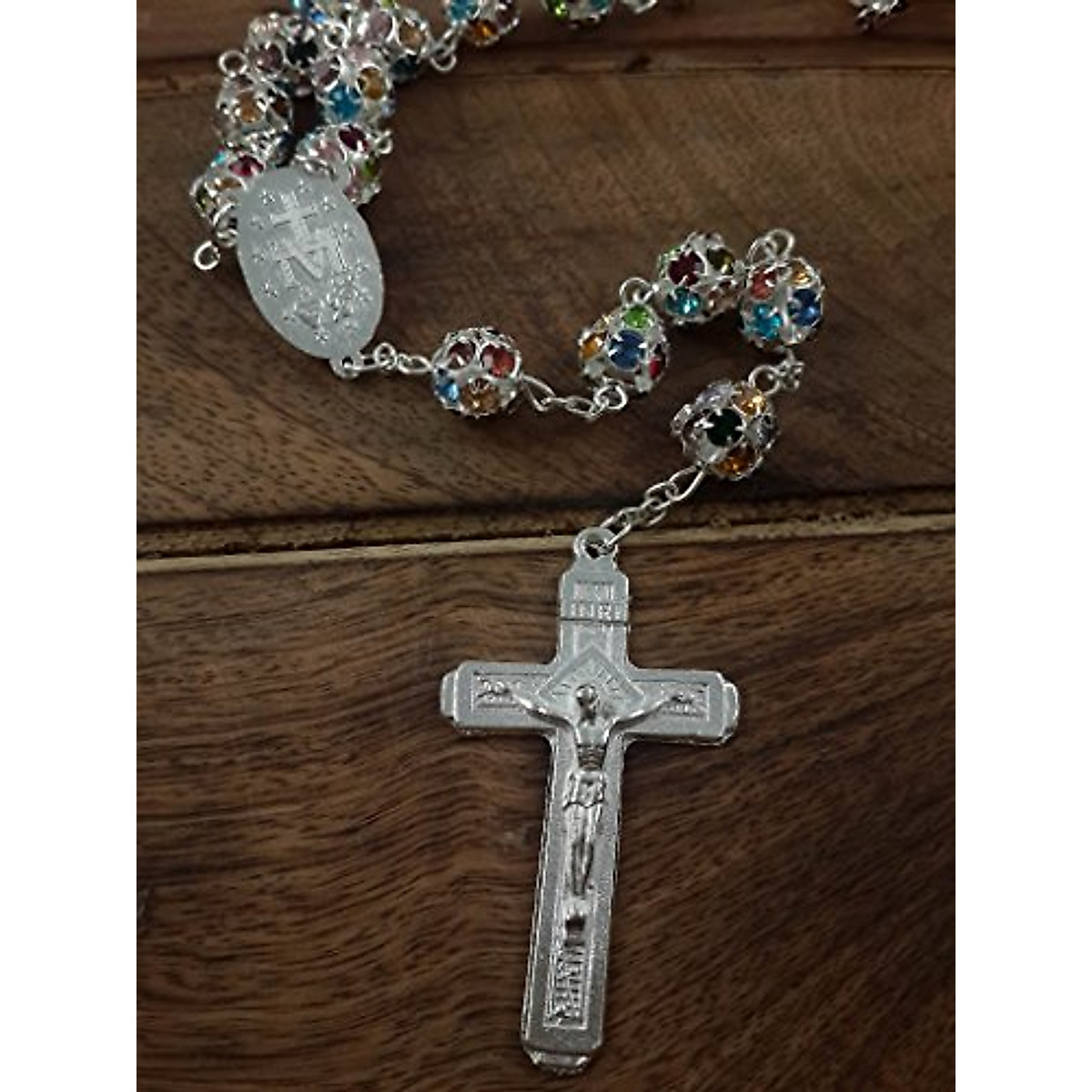Nazareth Store Colorful Zirconia Crystal Beads Rosary Silver Catholic Necklace with Miraculous Medal Cross Crucifix Multicolor Rosaries in Velvet Bag