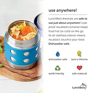 LunchBots Thermal 8 oz Triple Insulated Thermos - Hot 6 Hours or Cold 12 Hours - Leak Proof Thermos Soup Jar - All Stainless Interior - Navy Lid - Aqua Dots