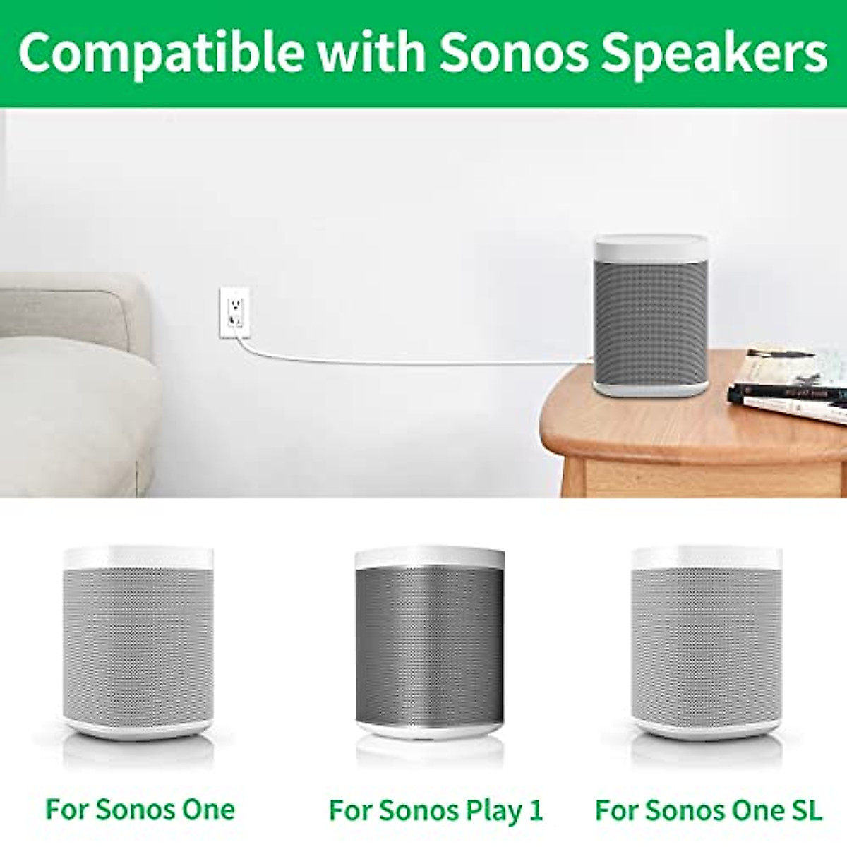 3-Foot Power Cord Extension Compatible with Sonos One, One SL and Play 1 Speakers Power Cable Replacement AC Power Cord - Power Supply Cable - White