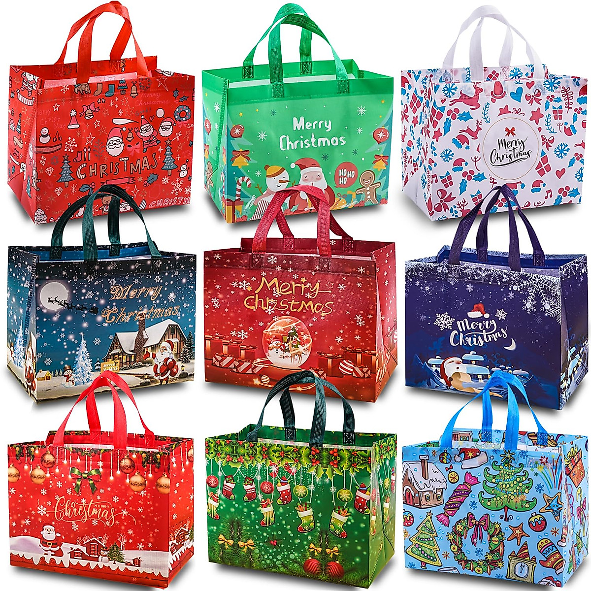 JWSCYSY 9Pcs Christmas Gift Bags, Christmas Tote Bags with Handles, Reusable Non-Woven Shopping Bags for Xmas Gifts Wrapping Holiday Party Supplies, 12.8"×9.8"×6.7"