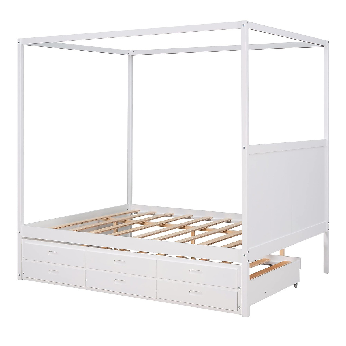 Favfurish Queen Size Canopy Platform Bed with Twin-Size Trundle and Three Storage Drawers,Easy to Assemble,Wood Bed-Frame for Children Teens Adults,Suitable for Bedroom,White