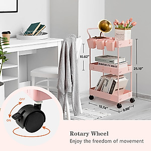 danpinera Slim Storage Cart, 3 Tier Narrow Rolling Cart on Wheels Bathroom Organizer Cart with Dividers Handle Hanging Cups Hooks for Laundry Room Kitchen Small Spaces, Pink
