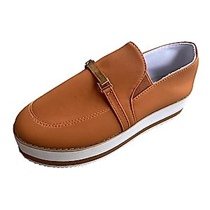 Sneakers for Women Walking Shoes Women Comfort Slip On Breathable Platform Wedge Round Toe Fashion Metal Chain Embellished Loafers Brown