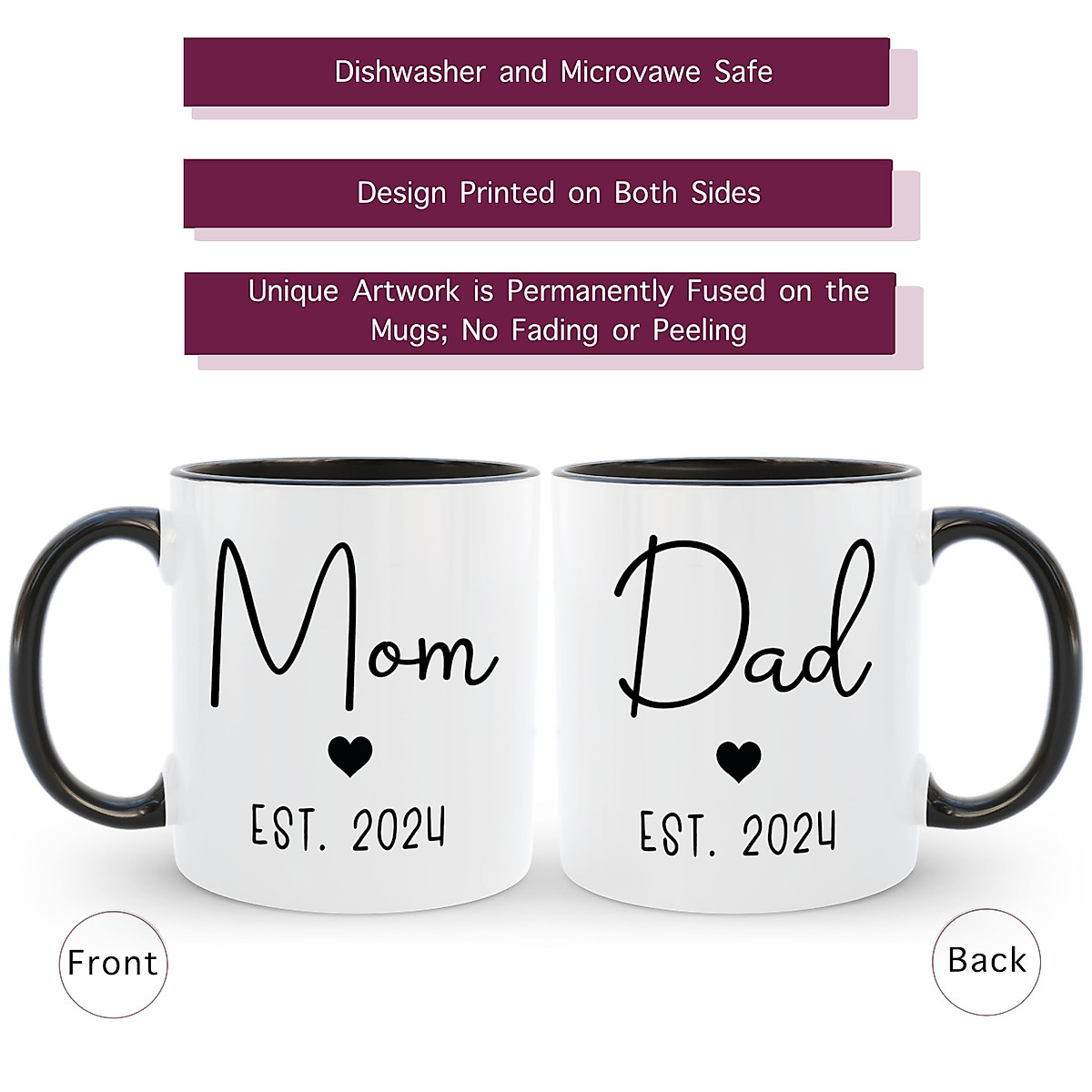 HomeBee Mom Dad Est 2024 Coffee Mug Set, New & Expecting Parents Gift for Couple, Pregnancy Announcement Gender Reveal Gift, Welcome Baby Congratulations Present, Mommy to Be First Time Daddy Cups