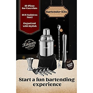 Cocktail Shaker Set | KITESSENSU Drink Mixer | 10-Piece Bartender Kit: 24 Ounce Margarita Shaker, Double Jigger, Muddler, 4 Liquor Pourers, Alcohol Mixer Spoon, Velvet Bag, Recipes Booklet - Silver