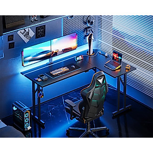 MOTPK L Shaped Gaming Desk with Led Lights, 51 Inch Gaming Computer Desk with Carbon Fiber Texture, Pc Gaming Table with Power Outlet and Headphone Hook, L Desk for Gaming, Black