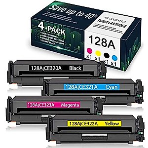 4-Pack (1BK/1C/1Y/1M) 128A | CE320A CE321A CE322A CE323A Compatible Remanufactured Toner Cartridge Replacement for HP Color Laserjet CP1525n CP1525nw CM1415fn CM1415fnw Printer Toner Cartridge.