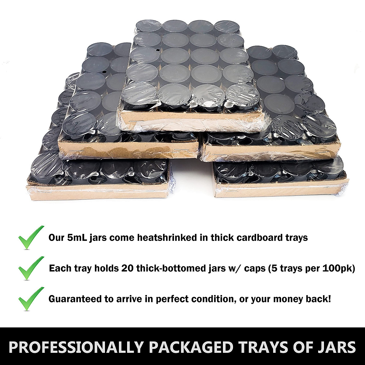 Midelo 100-Pack 5ml Thick Glass Jars with Reflective Foam Liner - Mini Refillable small containers with lids for Oil, Lip Balm, Wax, Cosmetics, Makeup, & More - Small jars with Black Airtight Lids