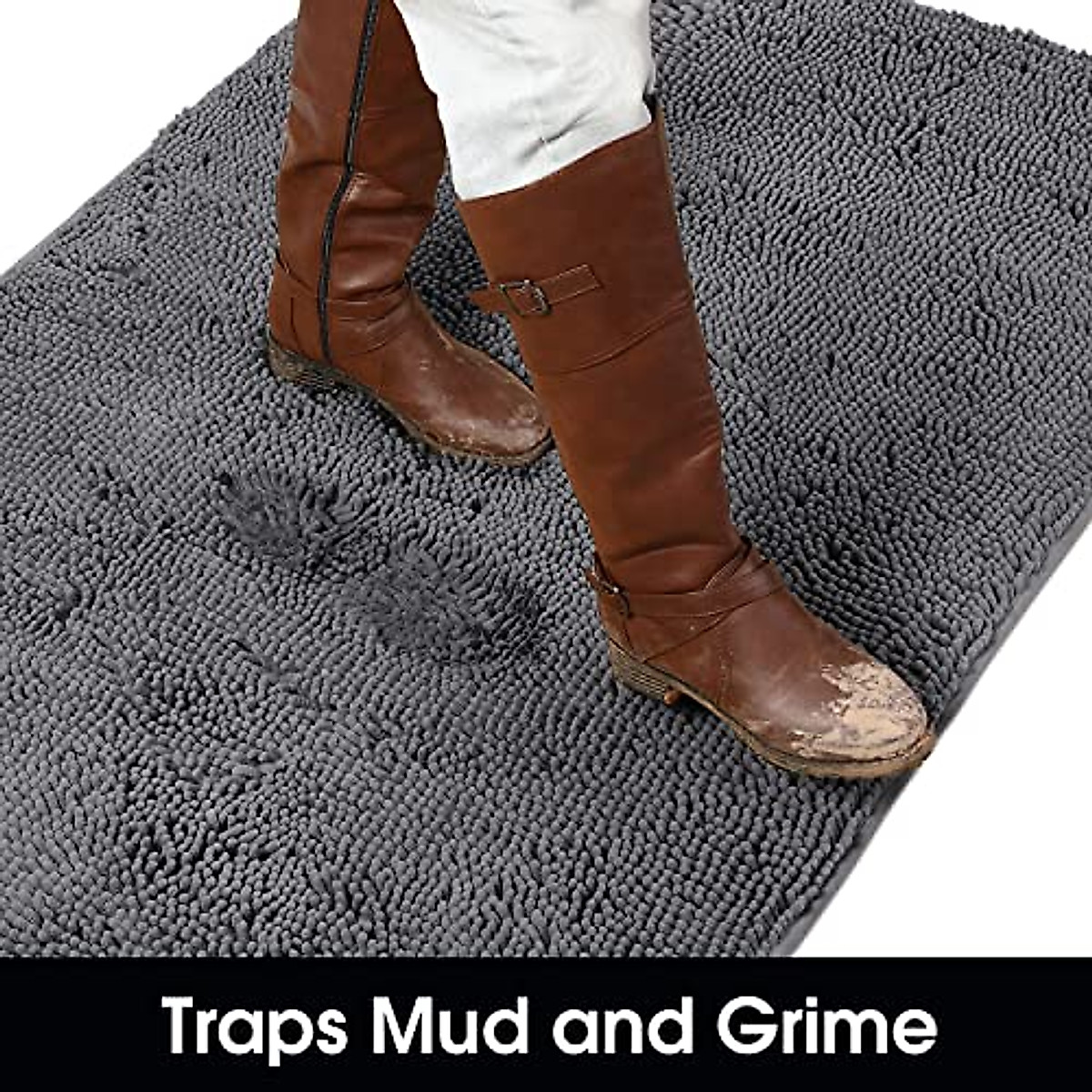 HOMEIDEAS Durable Chenille Water Absorbent Door Mat Indoor, 24x36, Machine Washable Drying Entryway Rug, Soft Dog Mat Rug, for Shoes and Pet Paws, Non-Slip Inside Doormat for Entrance, Mud Room, Grey