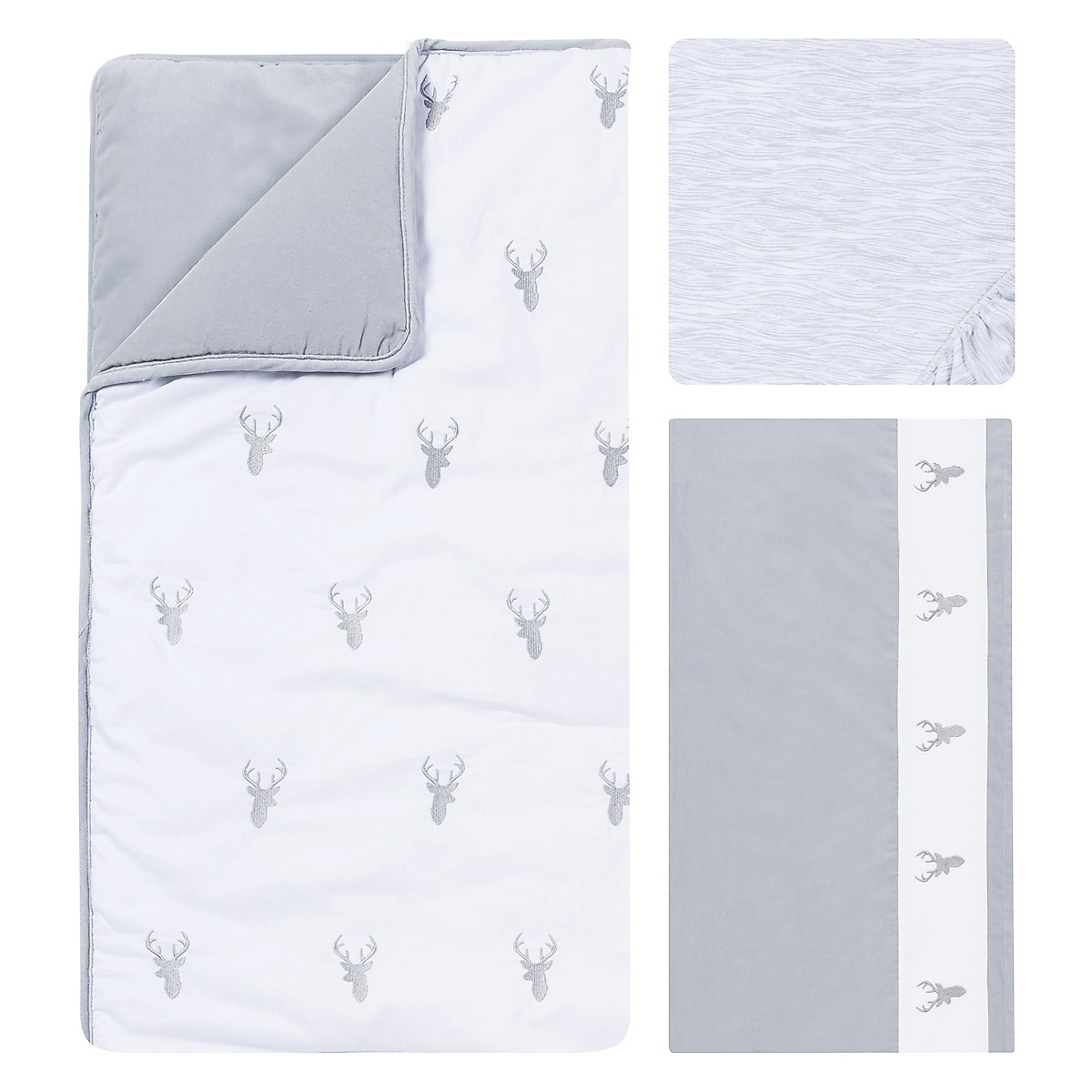 Trend Lab Stag Head 3 Piece Crib Bedding Set, Can Be Used As A Blanket Or A Playmat for Tummy Time, Includes Quilt, Fitted Crib Sheet and Skirt