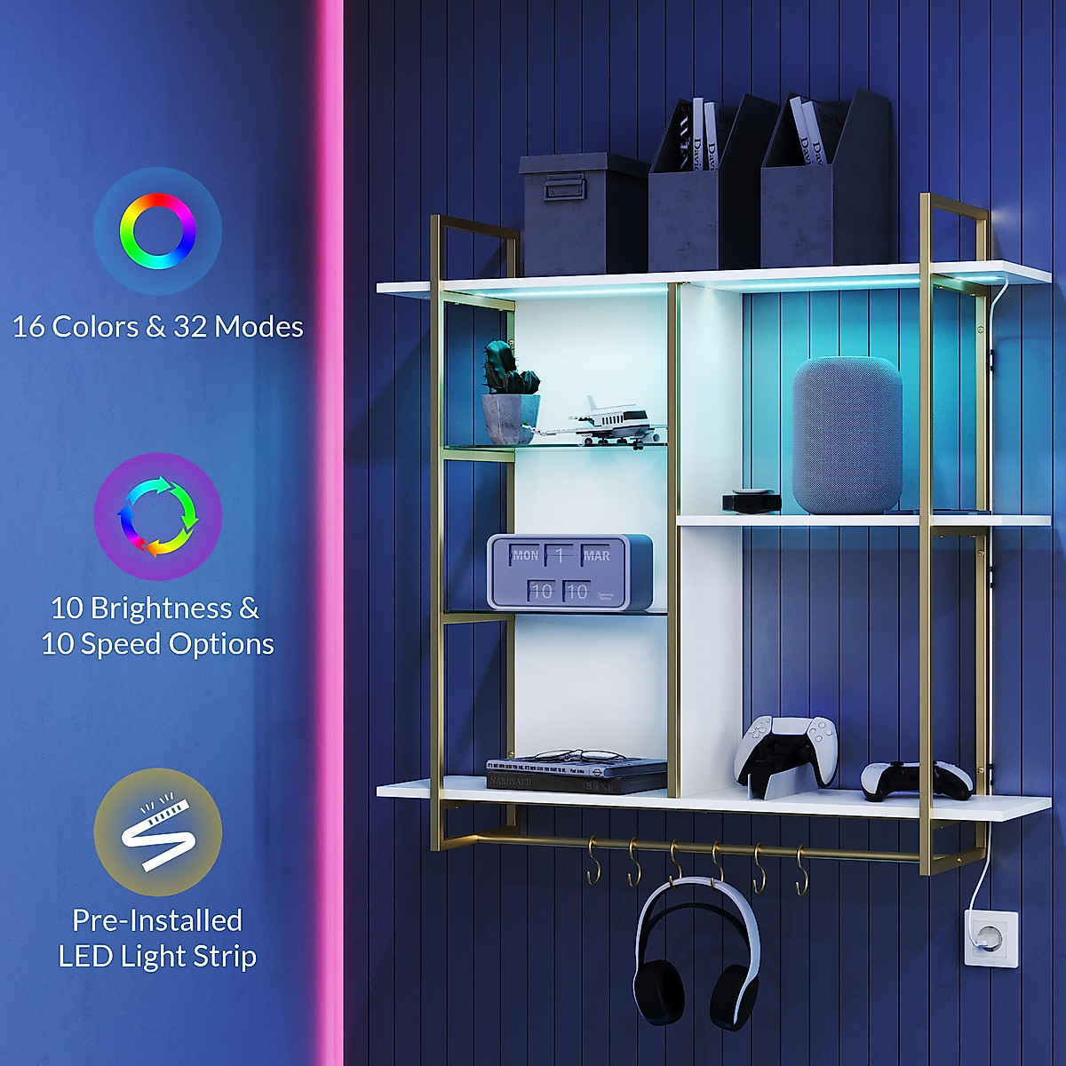 BELLEZE Gaming Floating Shelves, 40" LED Display Shelves Wall Mounted 4 Tier Storage Rack, Wooden Hanging Shelf with 6 Hooks, Wine Coffee Bar Rack for Kitchen Organization and Home Decor