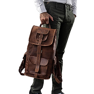 PLW 24" Inch Leather Backpack for Men | Handmade Vintage Brown Leather Laptop Backpack | Adjustable Leather Rucksack Knapsack Camping Travel Bag for Women