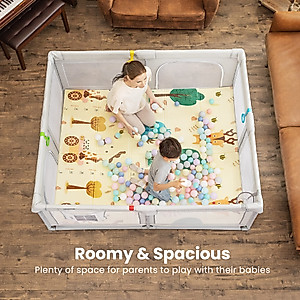 VIVOHOME Large Baby Playpen with Mat, Ocean Balls, Net Basket and Pull Rings, Safety Play Center Yard with Gate for Kids Activity Center, Light Gray