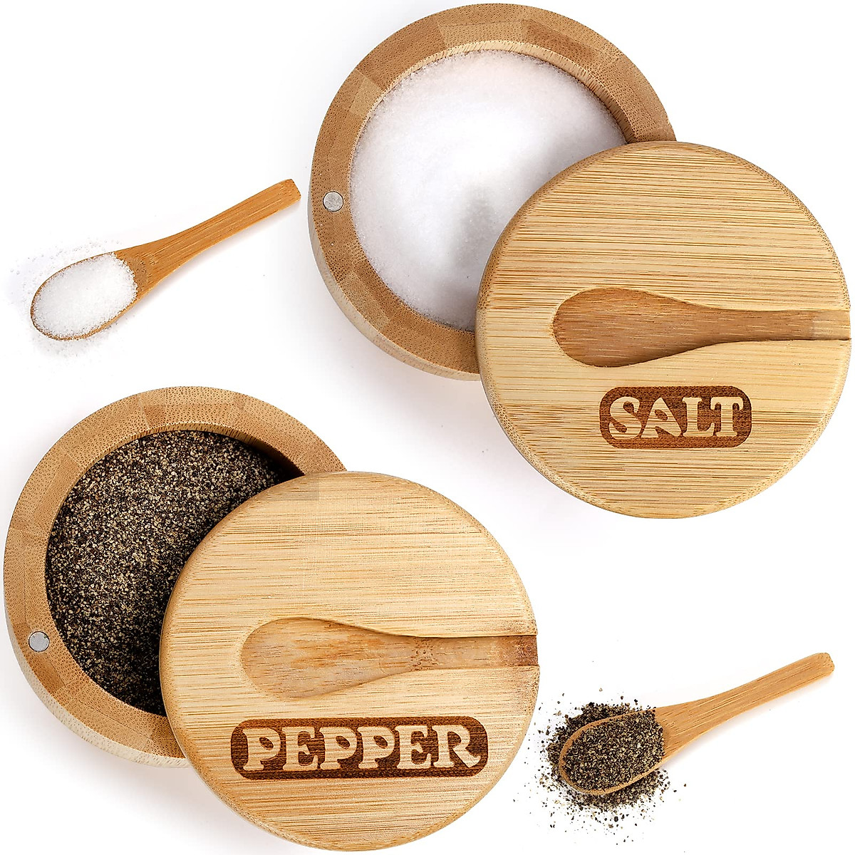 Lawei 2 Pack Bamboo Salt and Pepper Bowls, Round Salt Container with Magnetic Swivel Lids and Spoons, Bamboo Salt Cellars, Seasoning Storage Holder Box for Salt, Pepper, Sugar, Spice