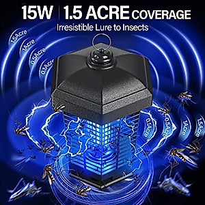 Bug Zapper, 4200V Killing Grid, 15W Electric Insect Catcher & Killer for Mosquitoes, Flies, Gnats & Other Flying Pests Insects, 1.5 Acre Coverage, Electric Bug Zapper Outdoor & Indoor