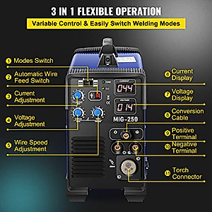 VEVOR MIG Welder, 3 in 1 Welder Welding Machine, 250 Amp MIG TIG Arc Welder 110V 220V TIG Welder Lift ARC Welder Digital Display Combo Welding Machine MMA Stick IGBT DC Inverter Welder