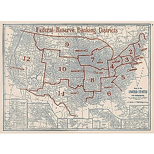 1920 Federal Reserve Banking District Map of the United States US History Compatible with Classroom Compatible with Antique Historical Cartography Fine Art Print Poster (Size: 12x16", Finish: Poster Print)