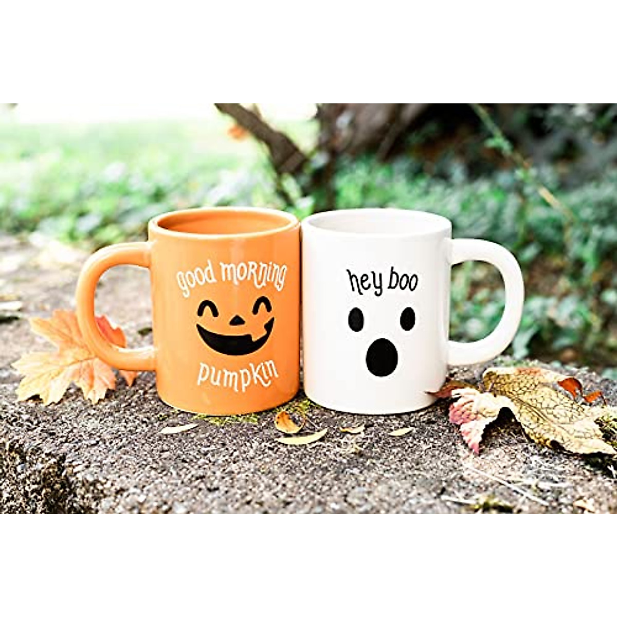Pearhead Halloween Mug Set, Good Morning Pumpkin and Hey Boo Coffee Mugs, Novelty Fall Holiday Cups, Set of 2, 13 oz