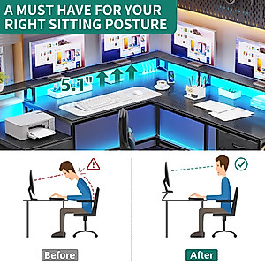 YITAHOME L Shaped Desk, 63" Reversible Computer Desk with 3 Drawers & Power Outlets, Corner Desk with LED Lights & Storage Cabinet, Long Home Office Desk, Black