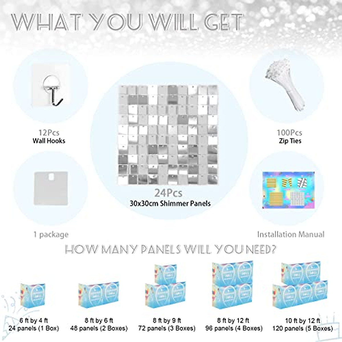 Shimmer Wall Backdrop Silver Backdrop 24 Panels Glitter Sequin Backdrop for Wedding Bridal Shower Birthday Decorations