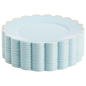 Sparkle and Bash 50-Pack Baby Blue Disposable Plates - Scalloped Plastic Plates with Gold Foil Rim for Birthday Party, Baby Shower (9 Inches)