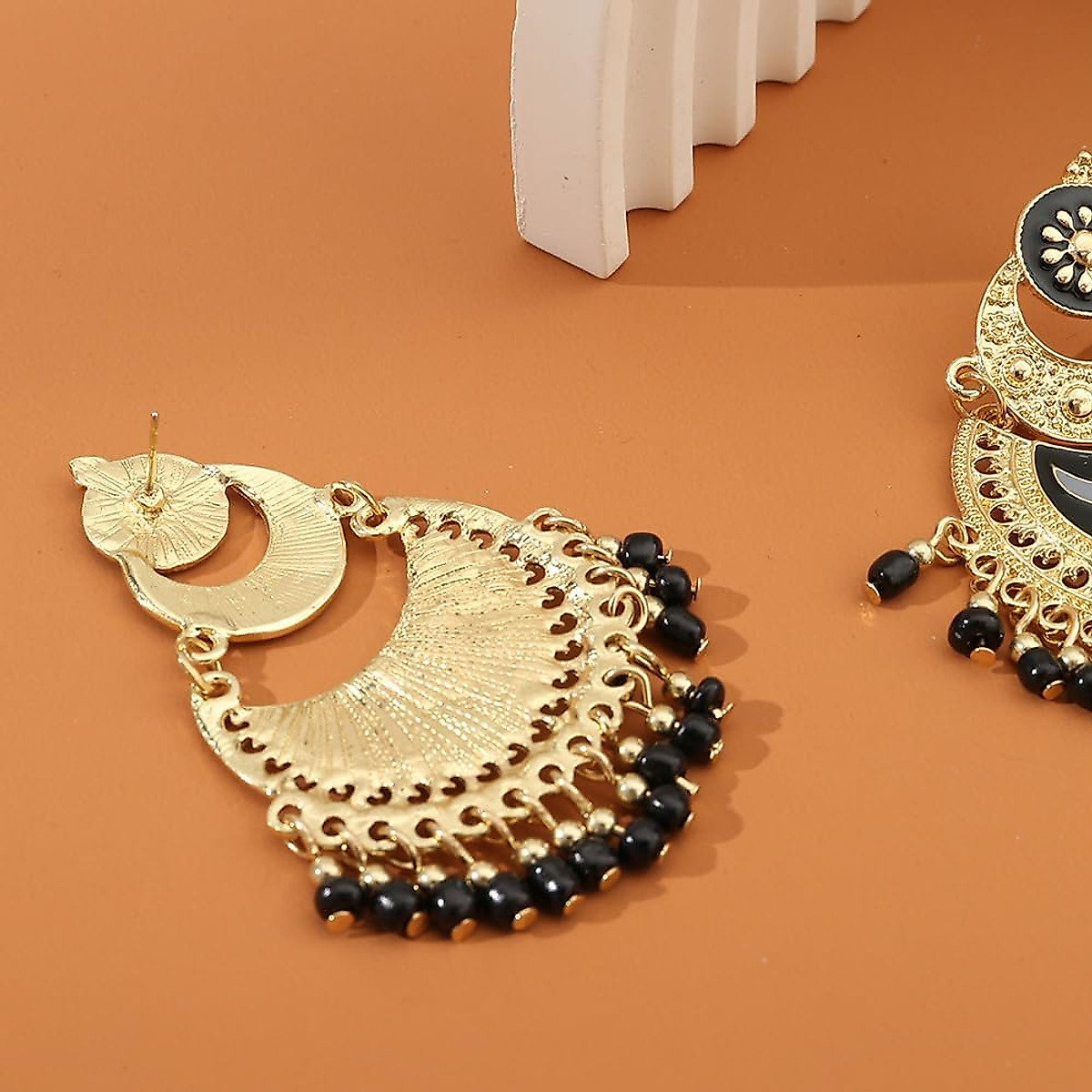 Kenjudess Vintage Turquoise Beaded Tassel Chandelier Earrings Retro Gold Ethnic Long Moon Drop Dangle Hook Earrings Exotic Indian Belly Dance Accessories for Women (Black B)