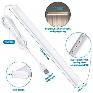 Litever Plug-in Under Cabinet Lighting Kit with Adapter, Dimmer, 2 pcs 12 Inch USB LED Light Strips. Dimmable Linkable for Kitchen Counter, Workbench, Over Sink, Closet, Pantry. Cool White 4000K